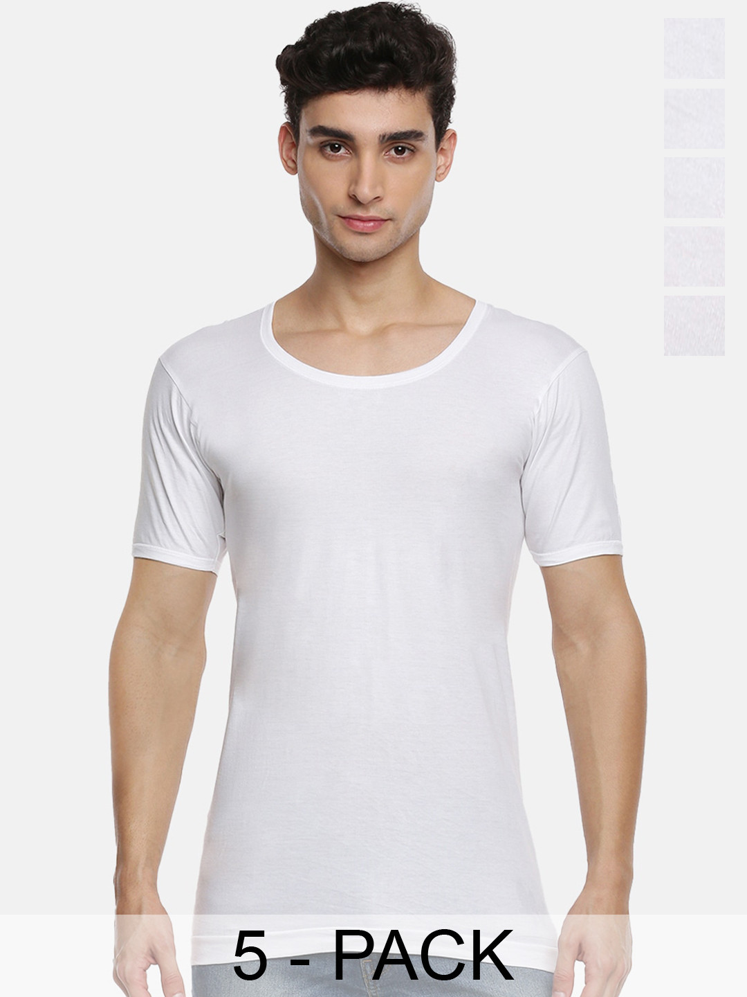 Buy Ramraj Pack Of 5 Men White Round Neck Half Sleeve Cotton Innerwear ...