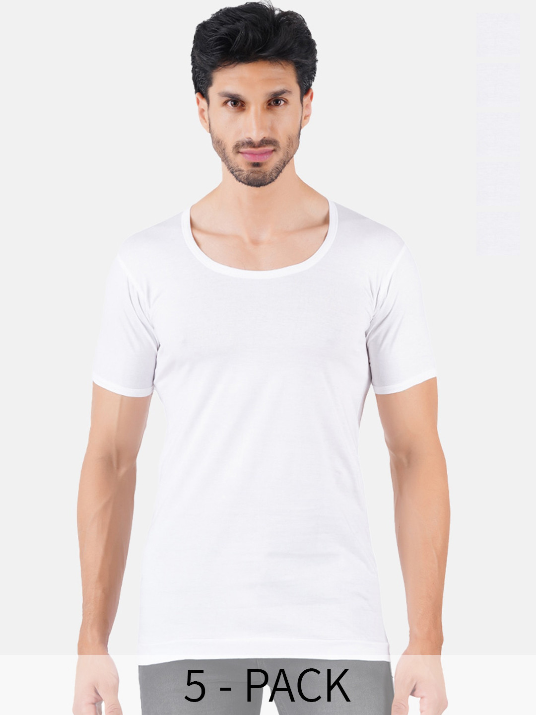 Buy Ramraj Pack Of 5 Men White Round Neck Half Sleeve Cotton Innerwear ...