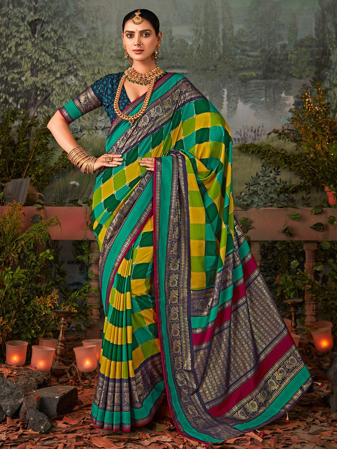Buy Saree Mall Checked Woven Design Banarasi Sarees - Sarees for Women ...