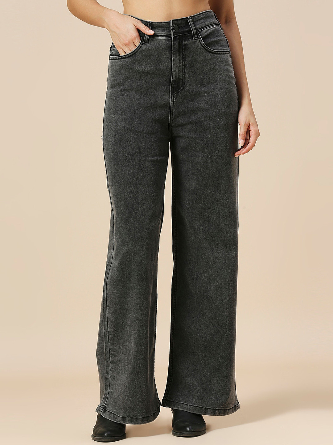 Buy HJ HASASI Women Wide Leg High Rise Clean Look Stretchable Jeans ...