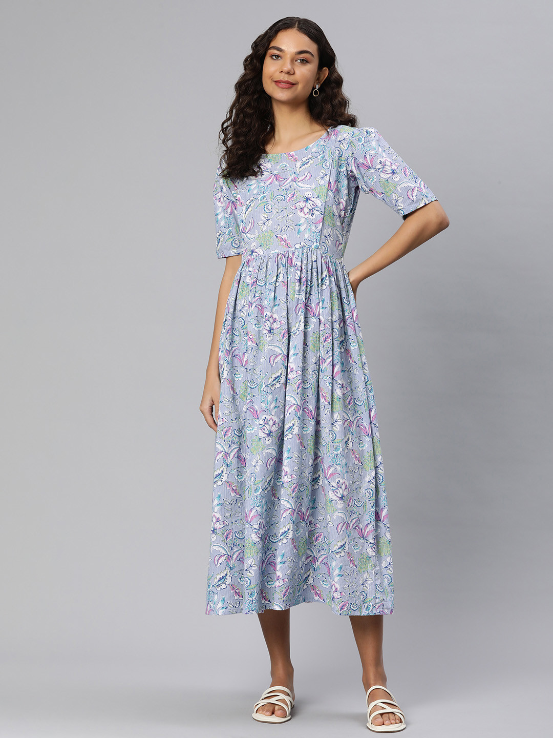 Buy Swishchick Floral Print Puff Sleeves Maternity Fit & Flare Midi ...