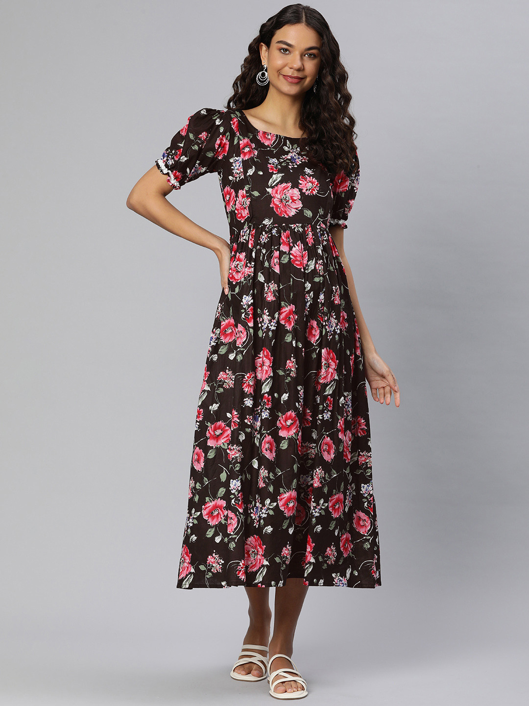 Buy Swishchick Floral Print Puff Sleeves Maternity Fit & Flare Midi ...