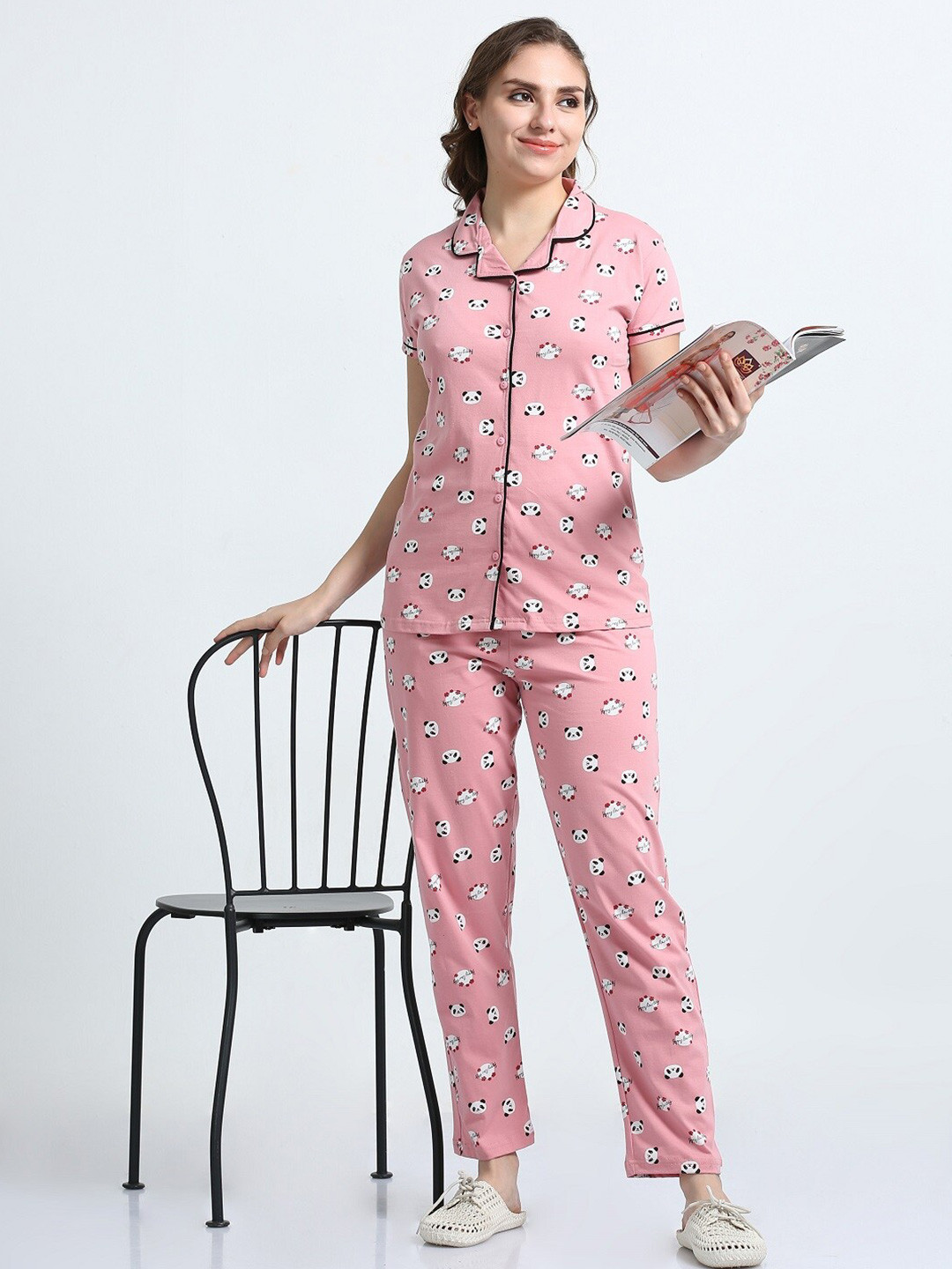 Buy Ecott Conversational Printed Lapel Collar Pure Cotton Shirt With Pyjamas - Night Suits for ...