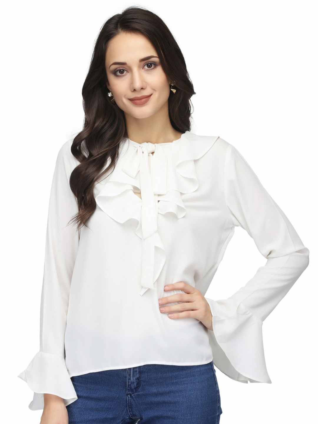 Buy Karmic Vision High Neck Ruffles Bell Sleeve Crepe Top - Tops for ...