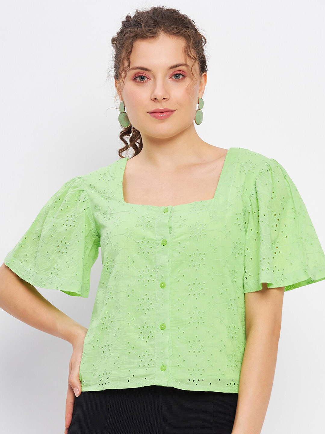 Buy DELAN Self Design Cotton Square Neck Flared Sleeve Cotton Top ...