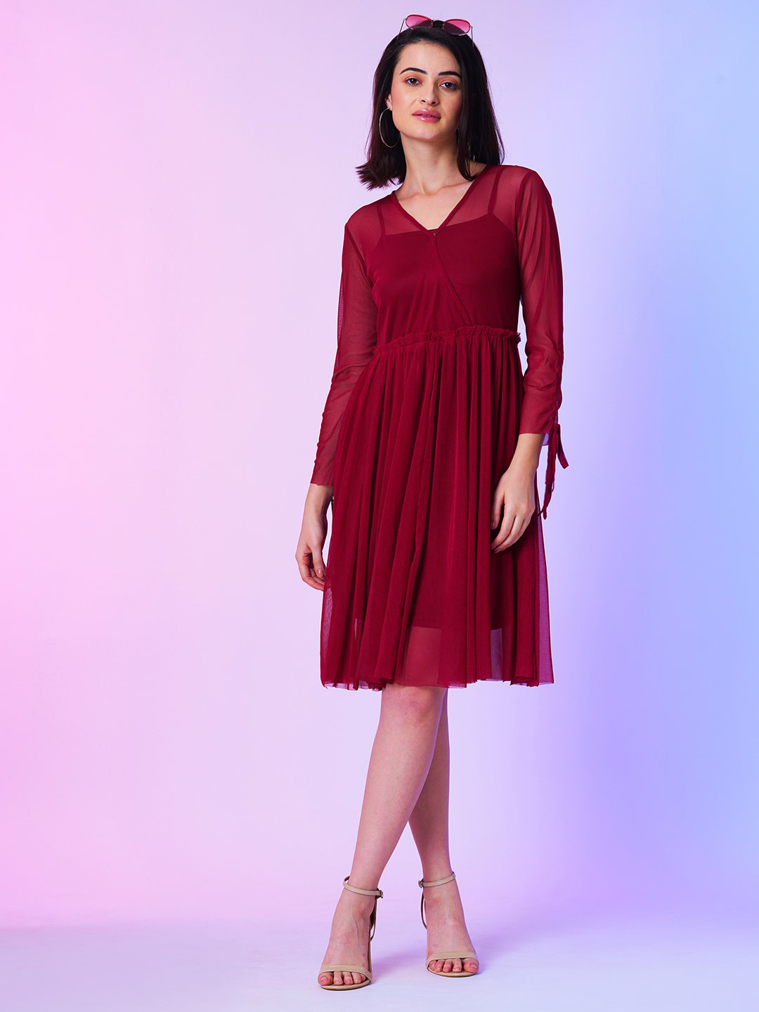 Buy Globus Maroon V Neck Gathered Net Fit & Flare Front Wrap Dress With ...