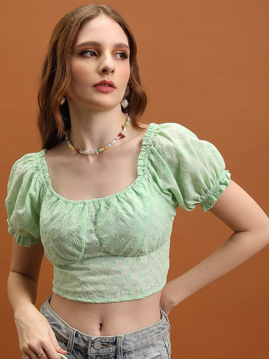 Buy KETCH Floral Embroidered Square Neck Puff Sleeves Smocking Detail Crop Top - Tops for Women ...