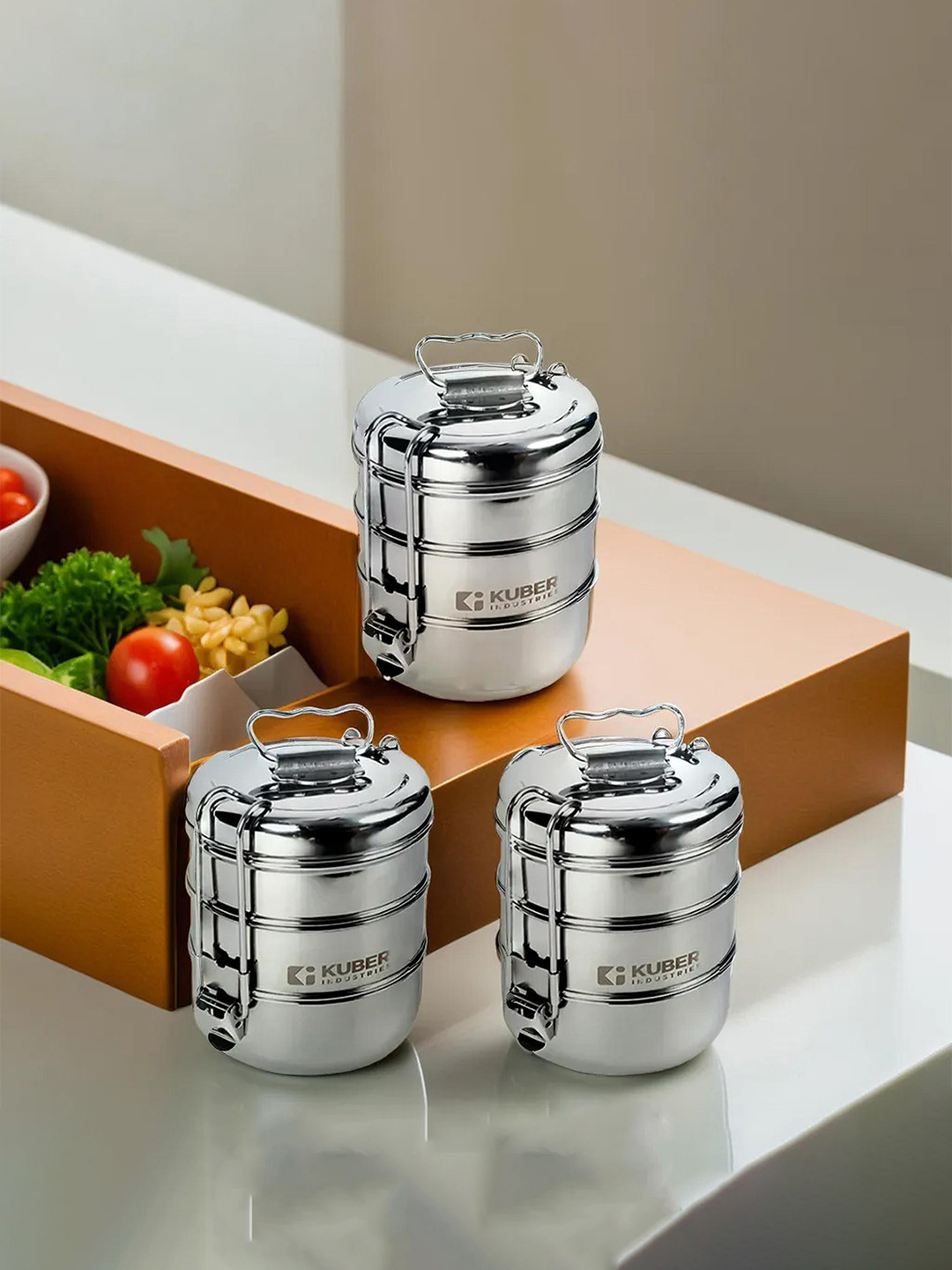 Buy Kuber Industries Steel Stainless Steel 3 Container Lunch Box 1 Ltr ...
