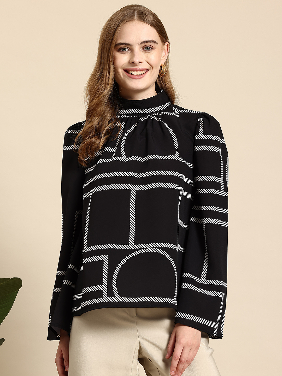 Buy Mast & Harbour Printed Flared Sleeve Monochrome Top - Tops for ...