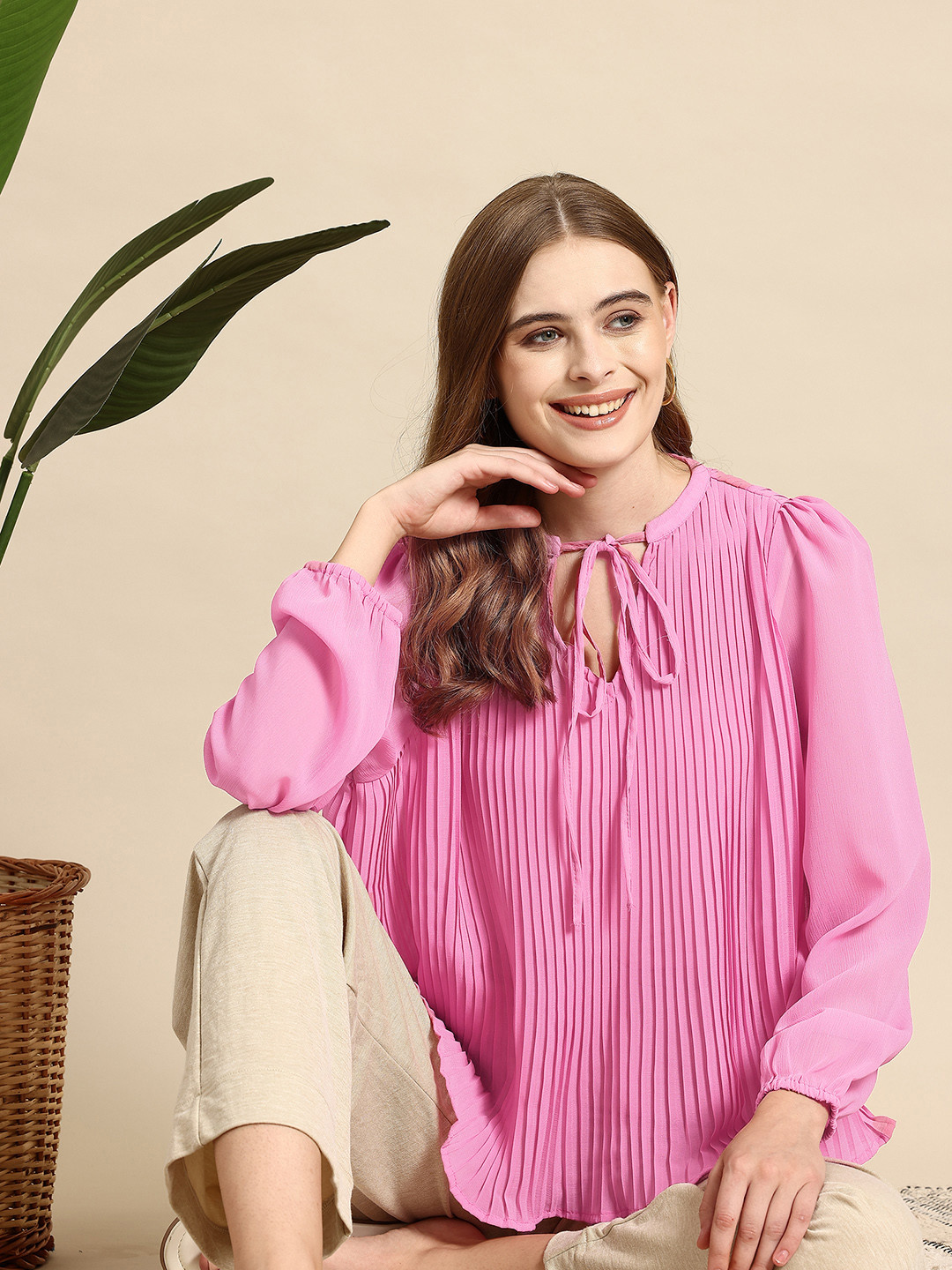 Buy Mast & Harbour Tie Up Neck Accordion Pleated Top - Tops for Women ...