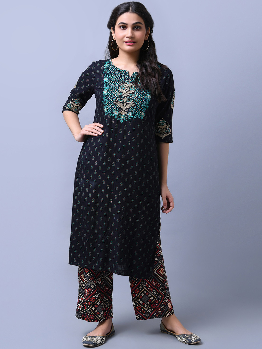 Buy RANGMAYEE Floral Yoke Design Notched Neck Thread Work Liva Straight Kurta - Kurtas for Women ...