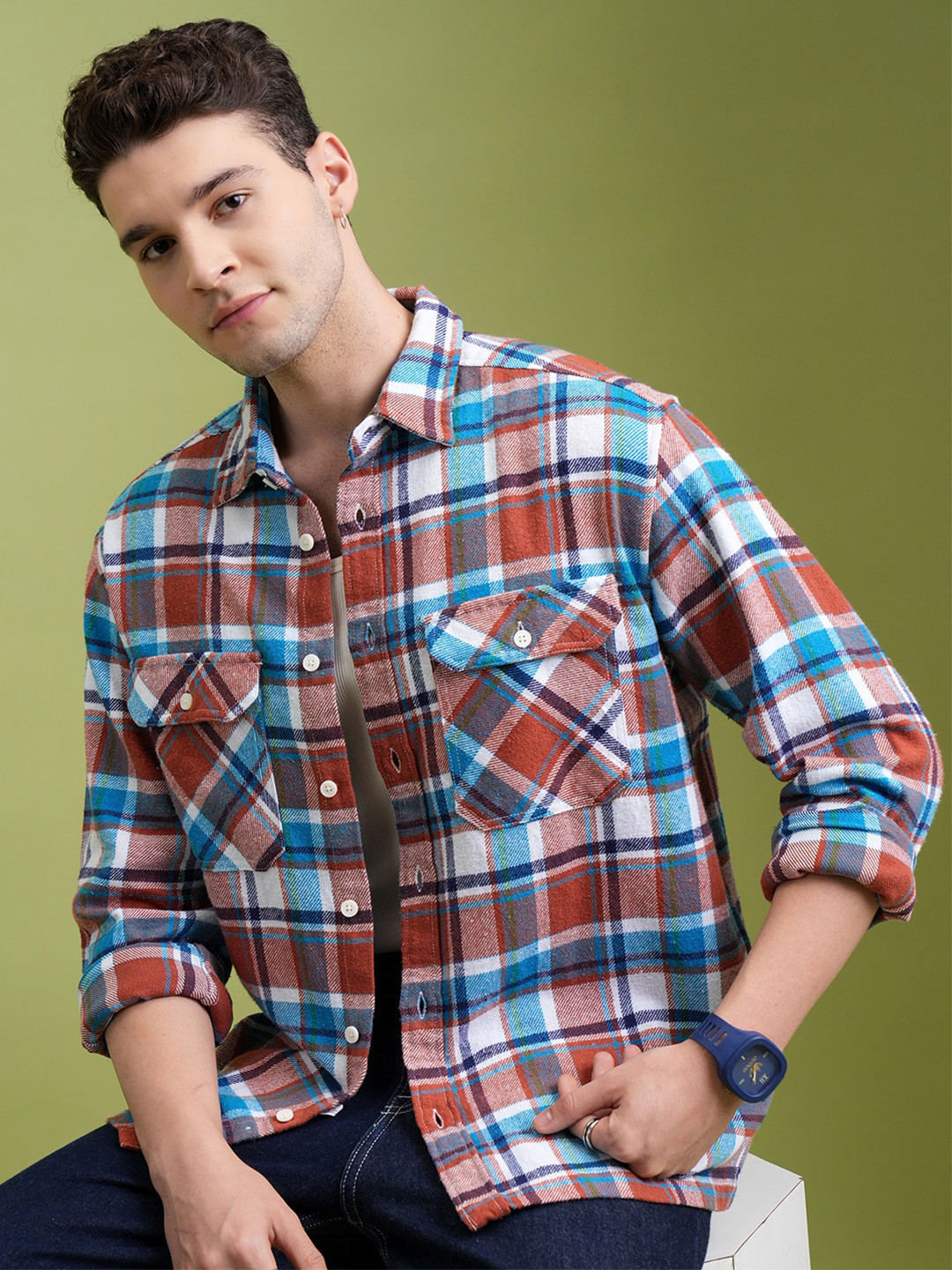 Buy Highlander Men Oversized Double Flap Pocket Flannel Overshirt ...