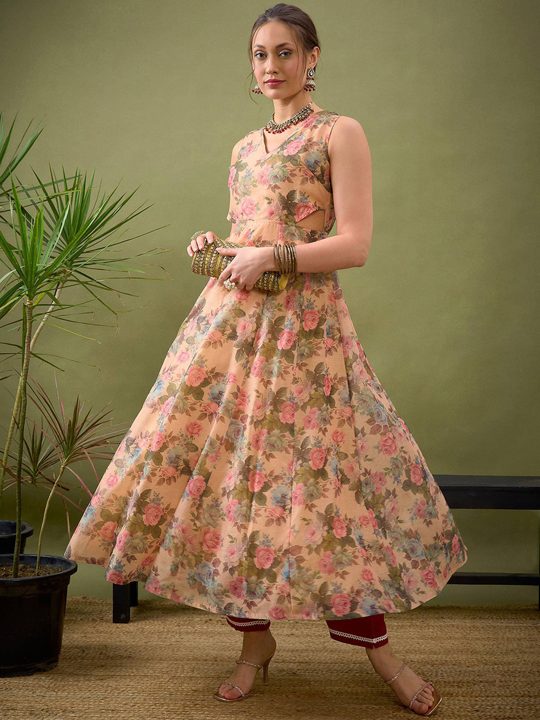 Buy Shae By SASSAFRAS Floral Printed Mirror Work Flared Chanderi Silk A Line Kurta - Kurtas for ...