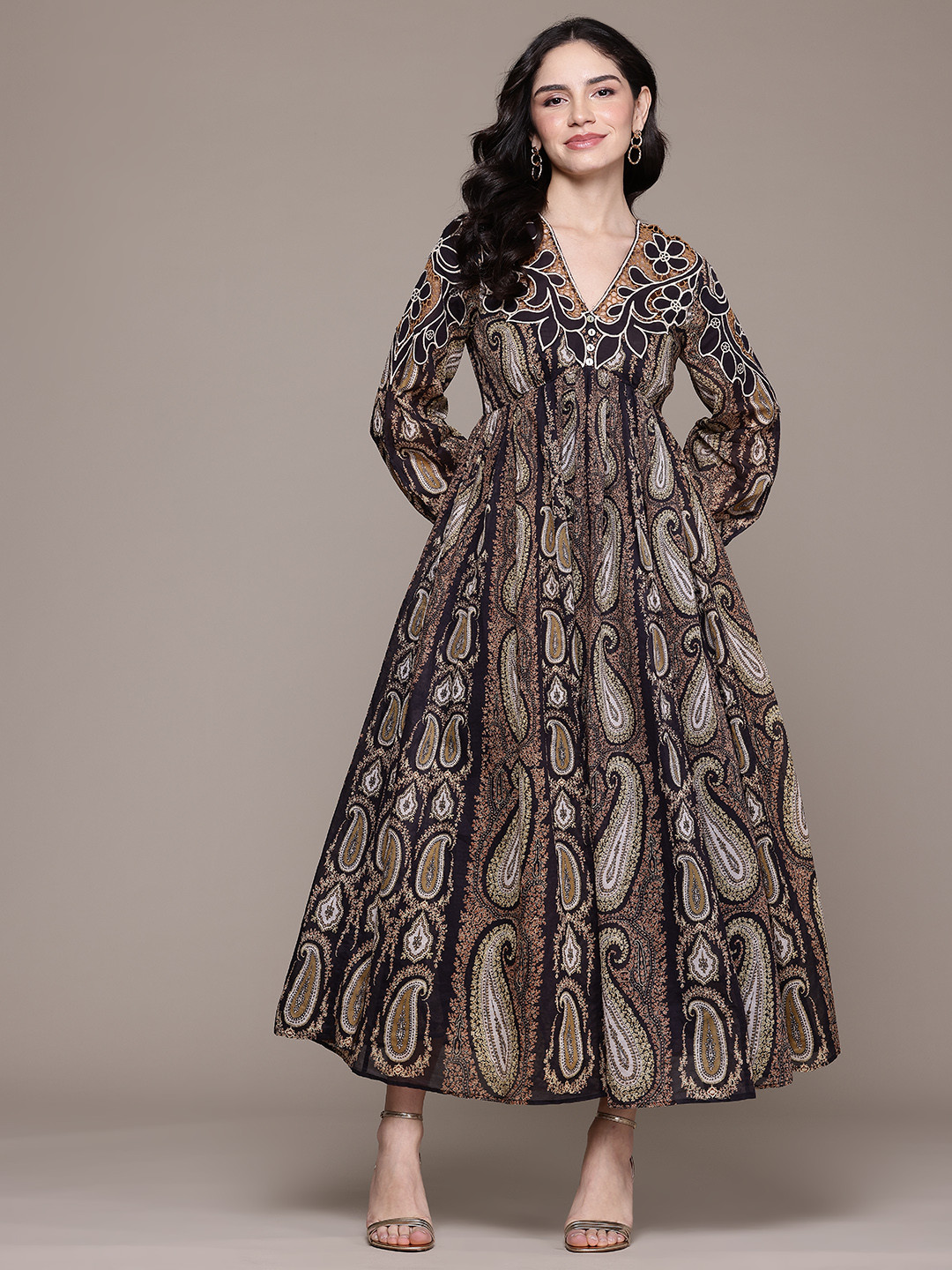 Buy Label Ritu Kumar Paisley Print Puff Sleeves Empire Maxi Dress ...
