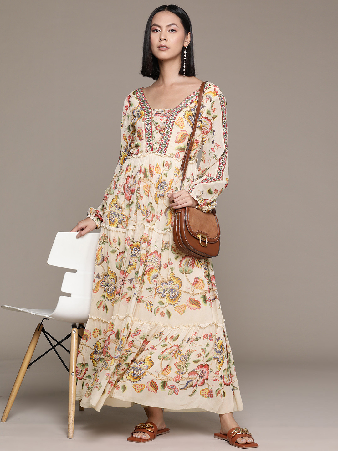 Buy Label Ritu Kumar Floral Print Bishop Sleeves Ruffled Georgette Fit ...