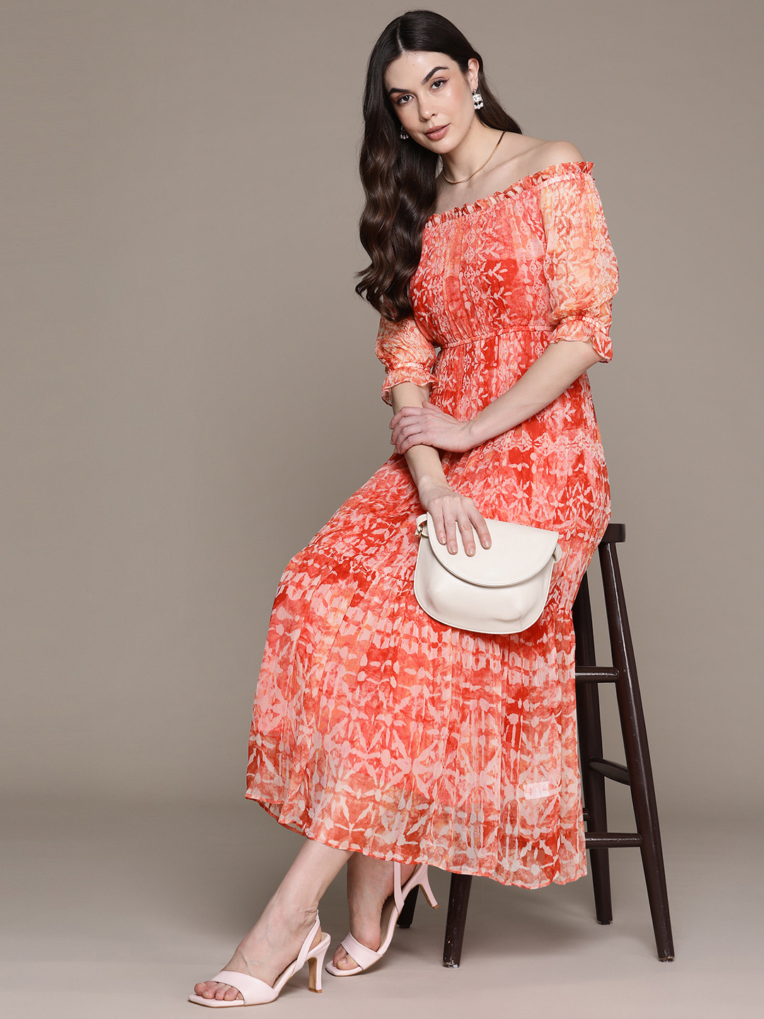 Buy Label Ritu Kumar Print Off Shoulder Puff Sleeves Chiffon Fit ...