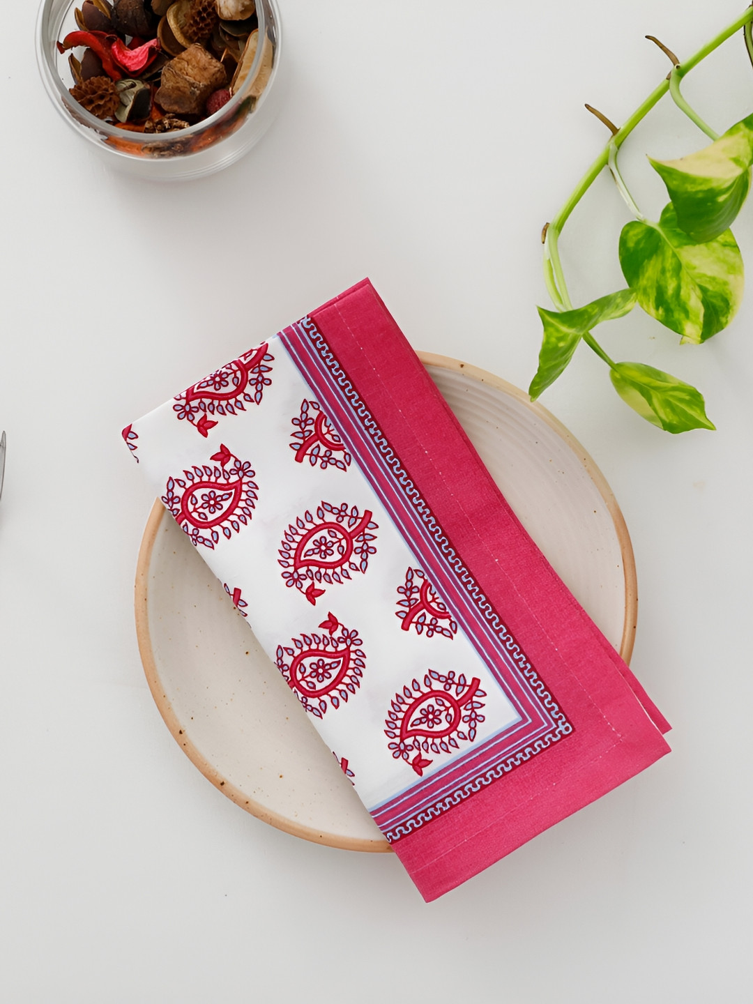 Buy Ratan Cart White & Pink 6 Pieces Ethnic Motif Printed Cotton Table ...