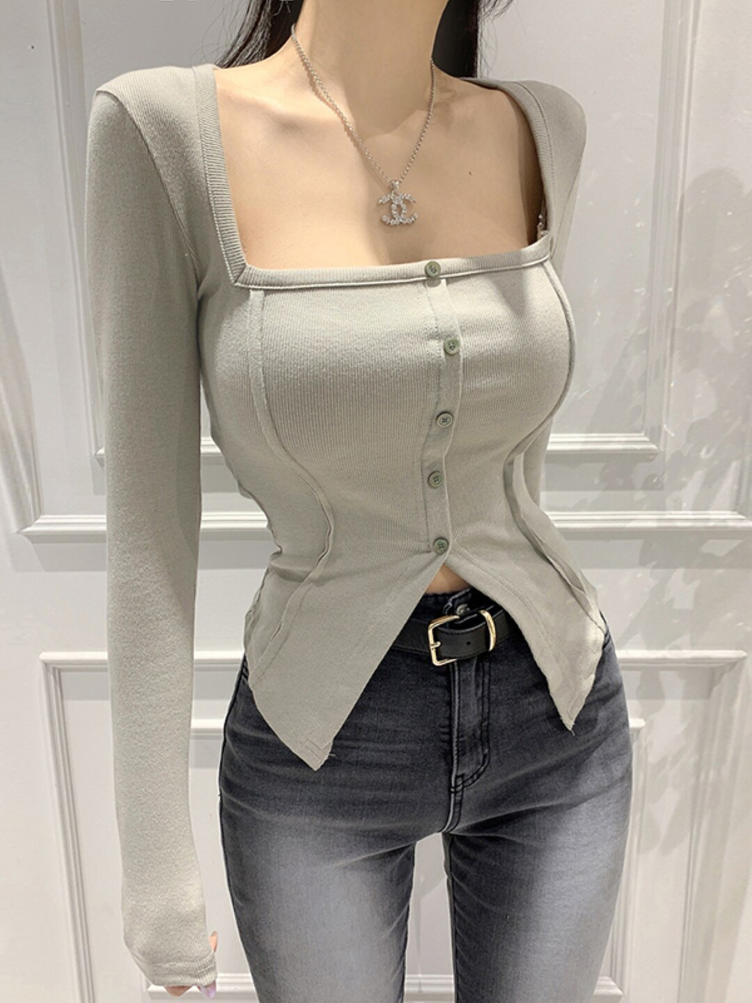 Buy KPOP Grey Square Neck Long Sleeves Fitted Top - Tops for Women ...