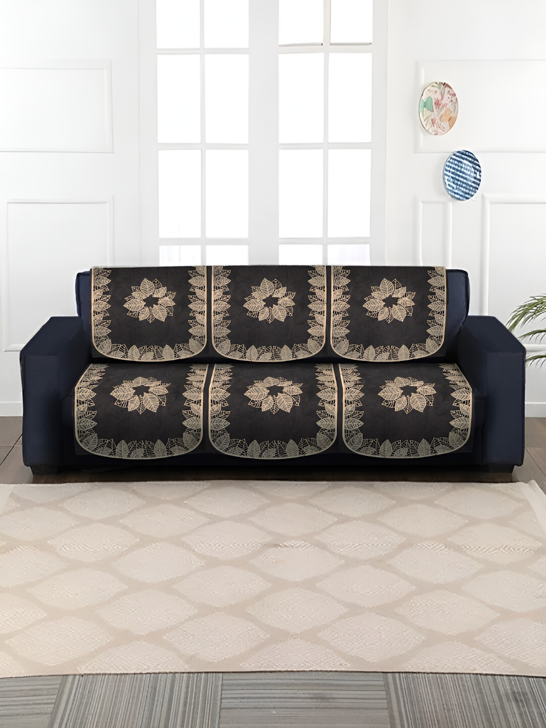Buy HOSTA HOMES Black & Gold 2 Pieces Toned Floral Printed Velvet 3 ...
