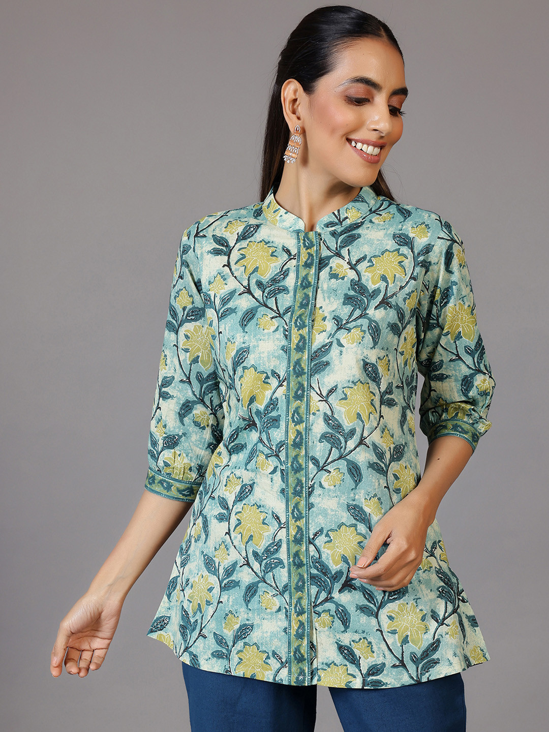 Buy Libas Floral Printed Mandarin Collar Three Quarter Sleeves Pure ...