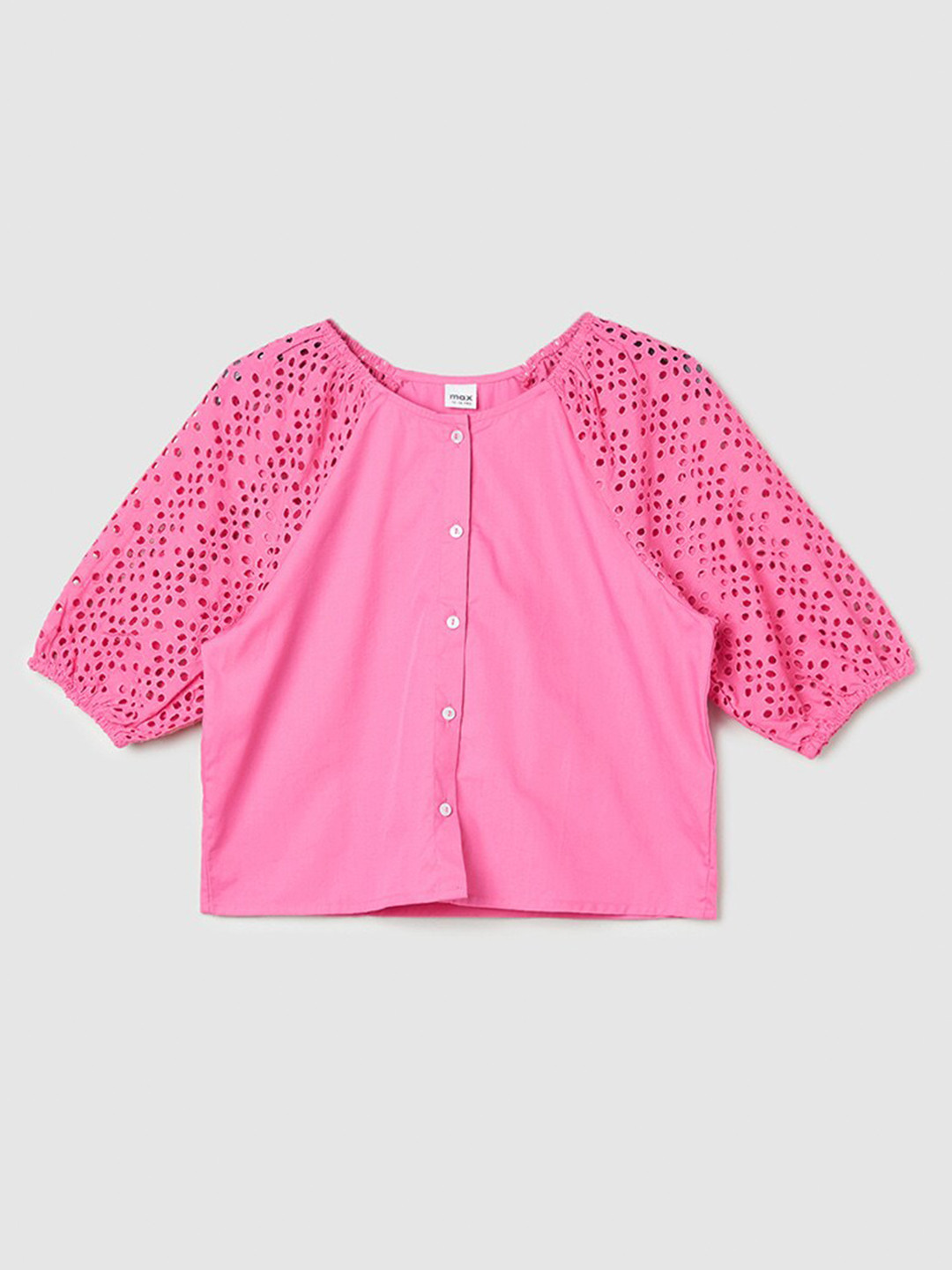 Buy Max Girls Self Design Round Neck Puff Sleeves Cotton Top - Tops for ...