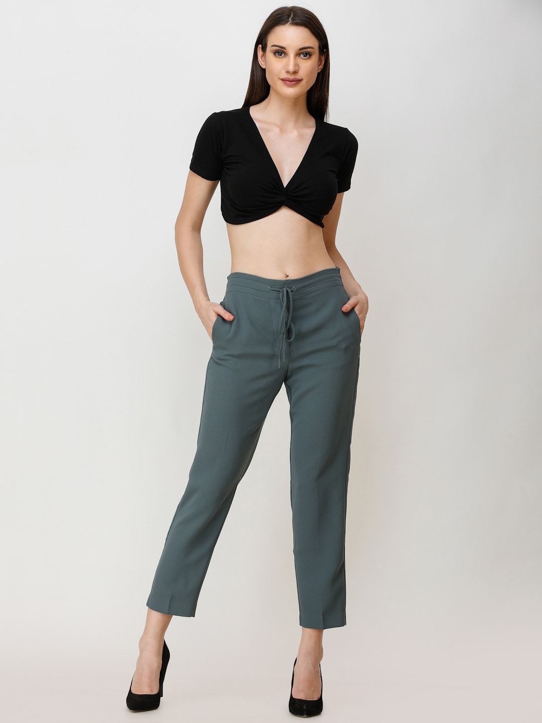 Buy Cation Black V Neck Cotton Fitted Crop Top Tops For Women