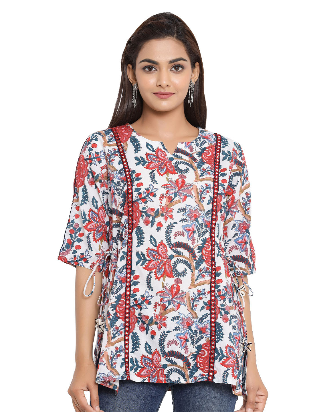 Buy KALINI Floral Print Cotton Notched Neck Short Sleeves Opaque Casual ...