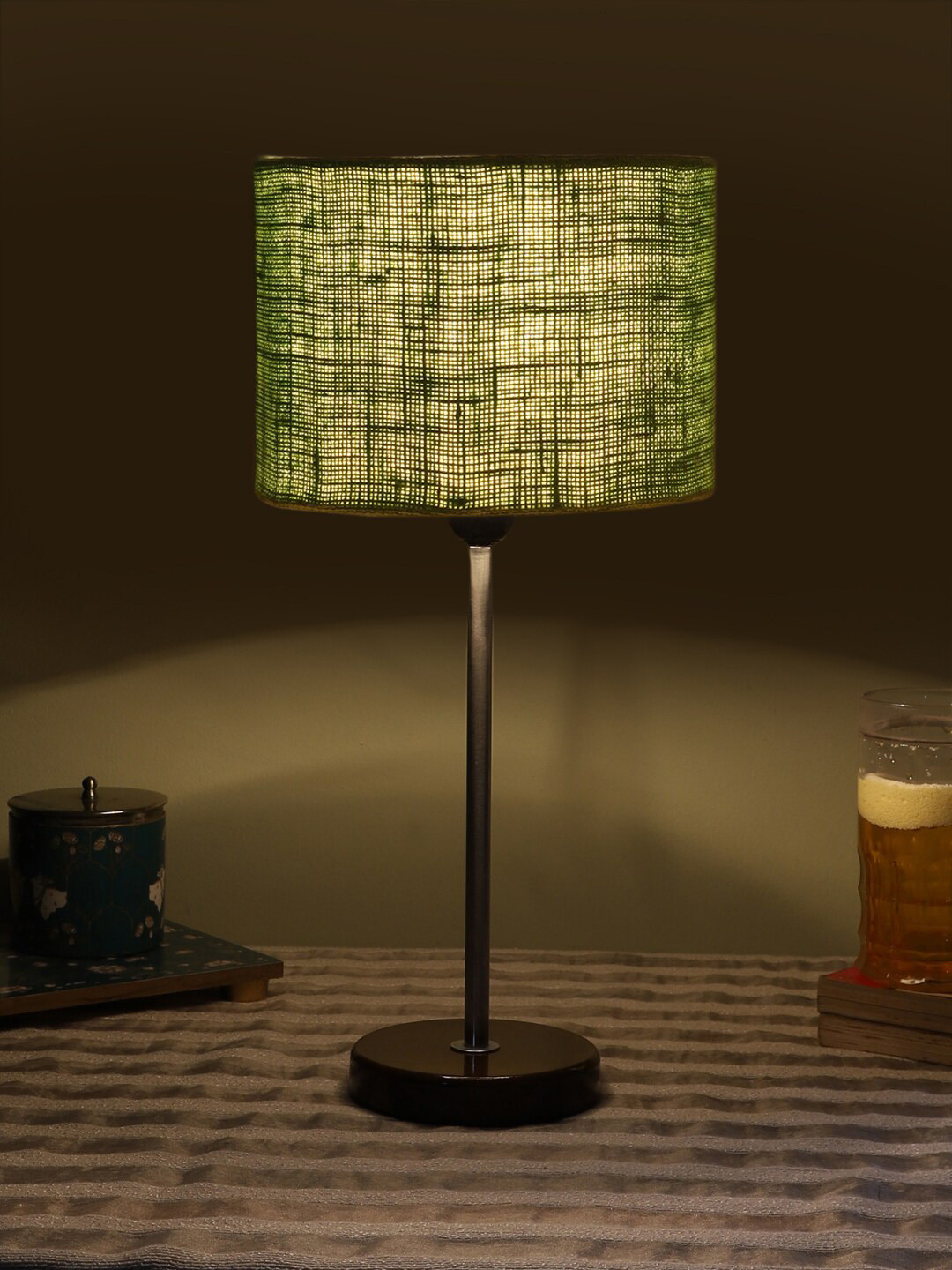 Buy Devansh Green Wood & Cotton Cylinder Contemporary Table Lamp ...