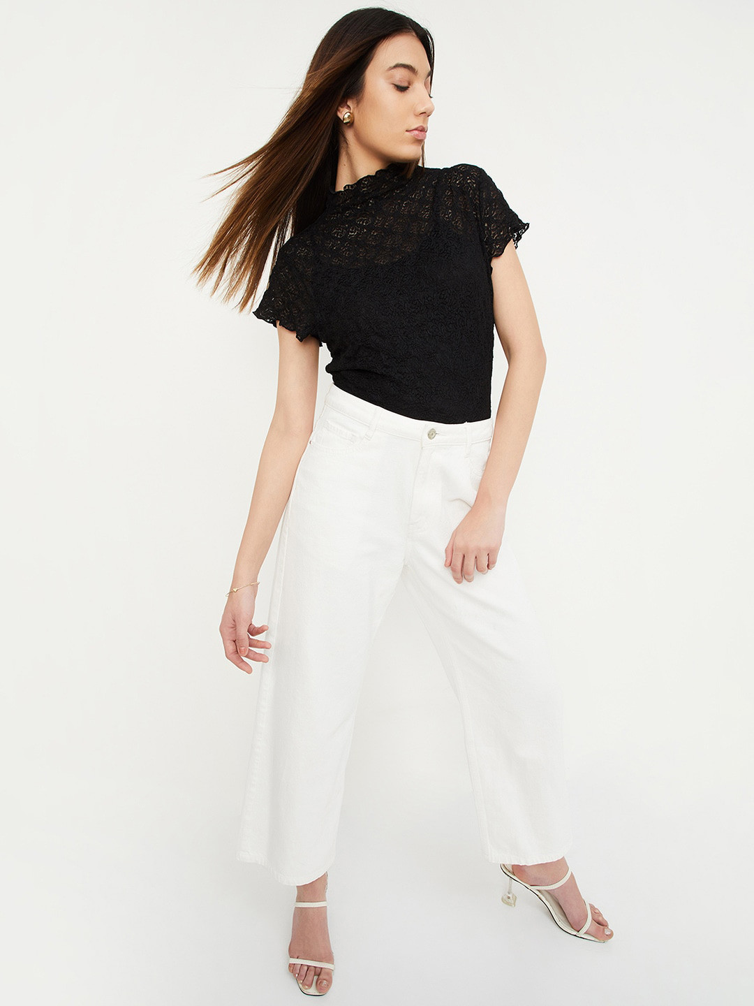 Buy Max Self Design Round Neck Short Sleeves Top - Tops for Women ...