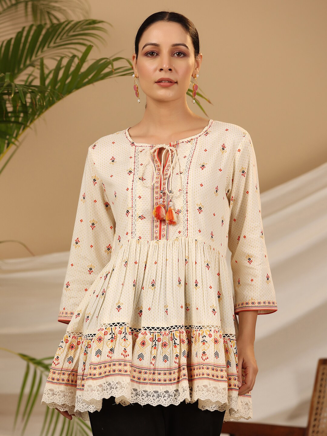 Buy Juniper Ethnic Motifs Printed Tie Up Neck Liva Tunic - Tunics for ...