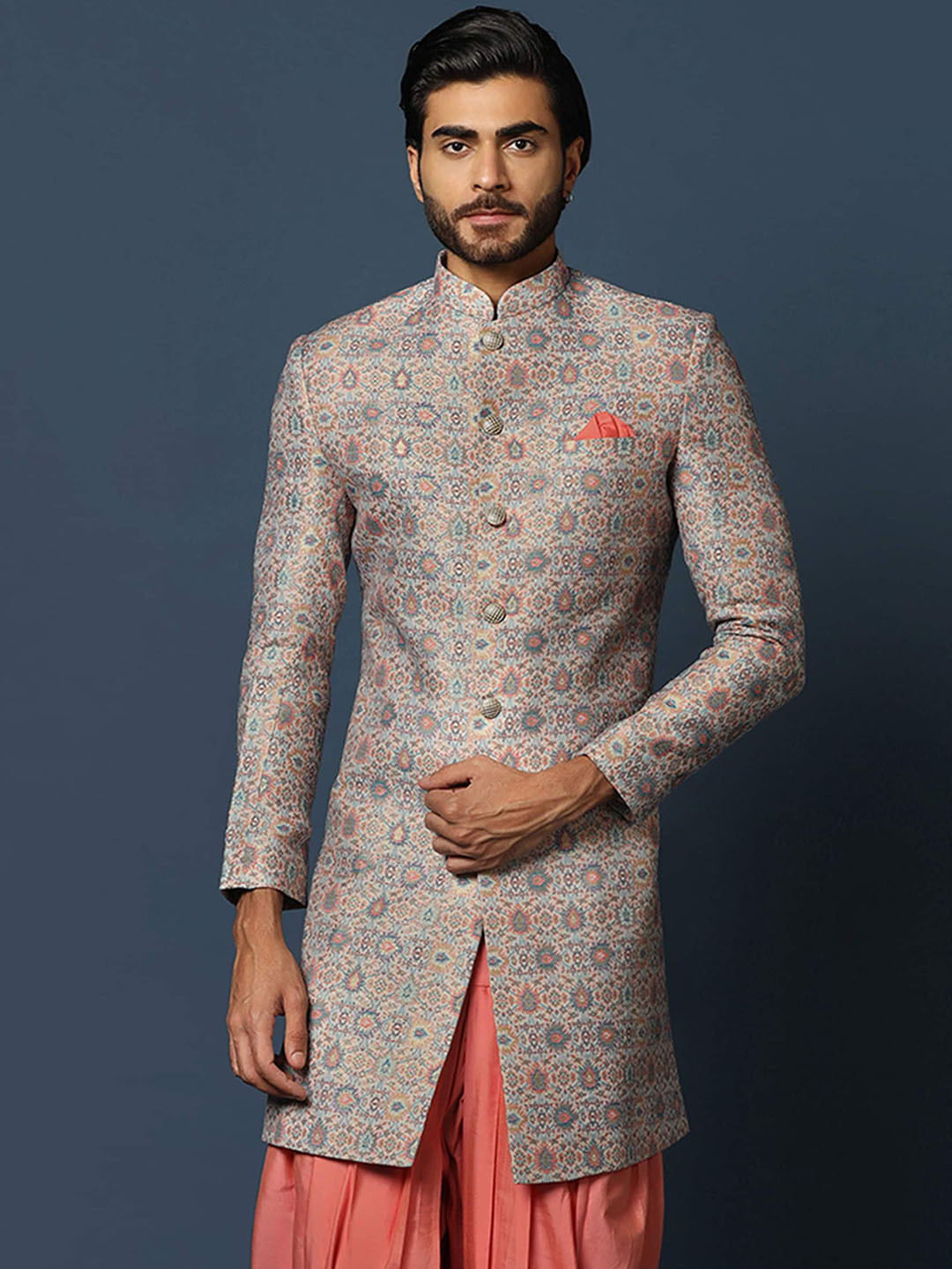 Buy KISAH Floral Woven Design Mandarin Collar Sherwani - Jackets for ...
