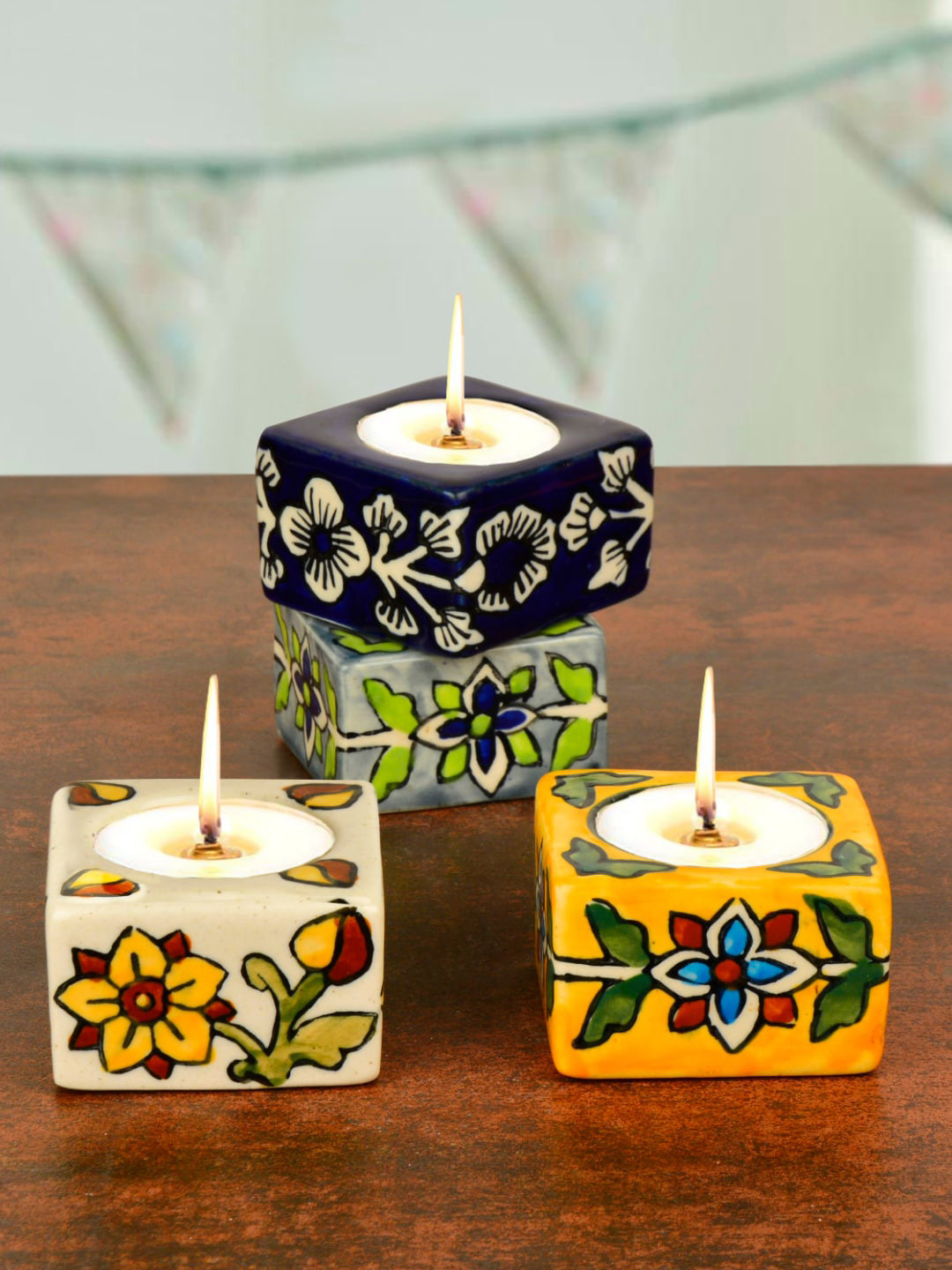 Buy StyleMyWay Yellow & Green 4 Pieces Printed Ceramic Tea Light Candle ...