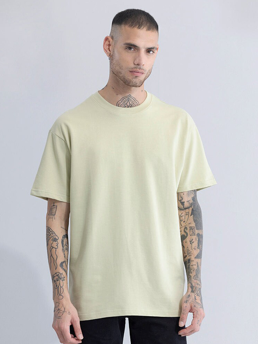 Buy Snitch Green Drop Shoulder Sleeves Cotton Oversized Casual T Shirt ...