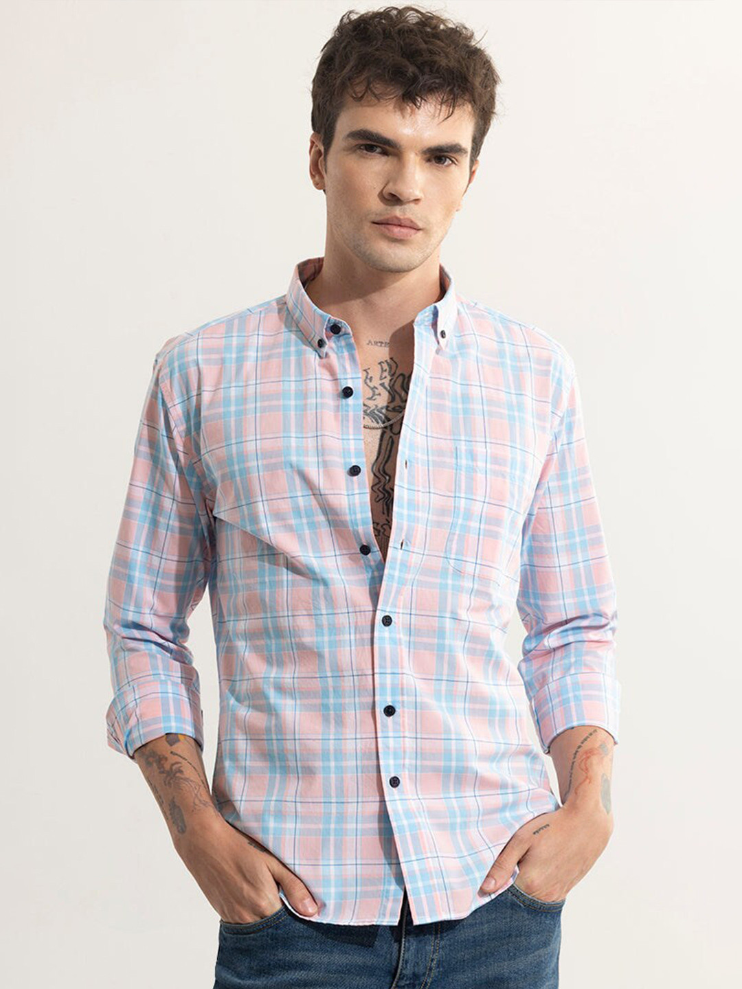 Buy Snitch Pink Classic Slim Fit Opaque Checked Cotton Casual Shirt ...
