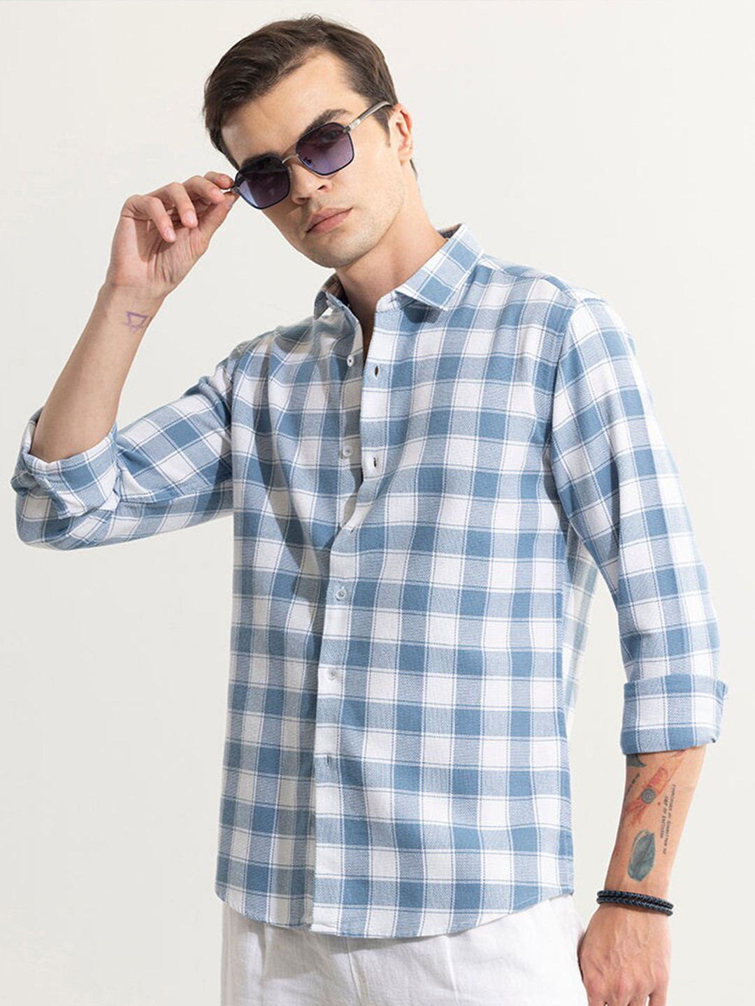 Buy Snitch Blue Classic Slim Fit Opaque Checked Cotton Casual Shirt ...