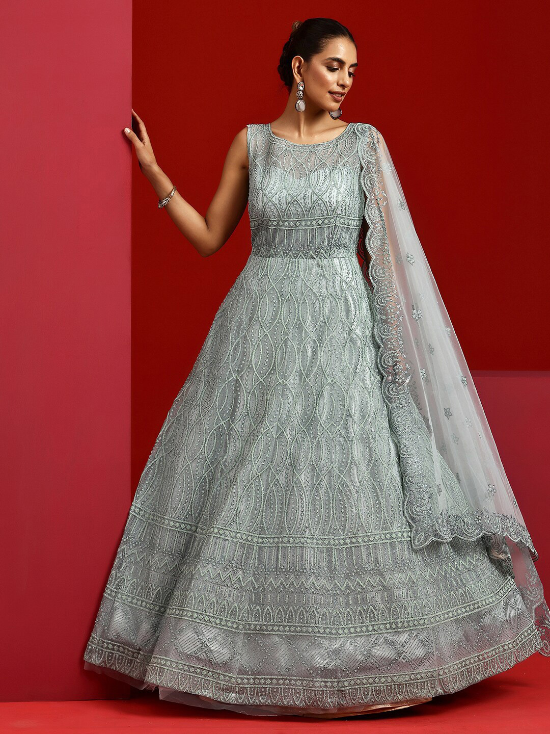 Buy Libas Art Geometric Embellished Round Neck Net Maxi Ethnic Dresses ...