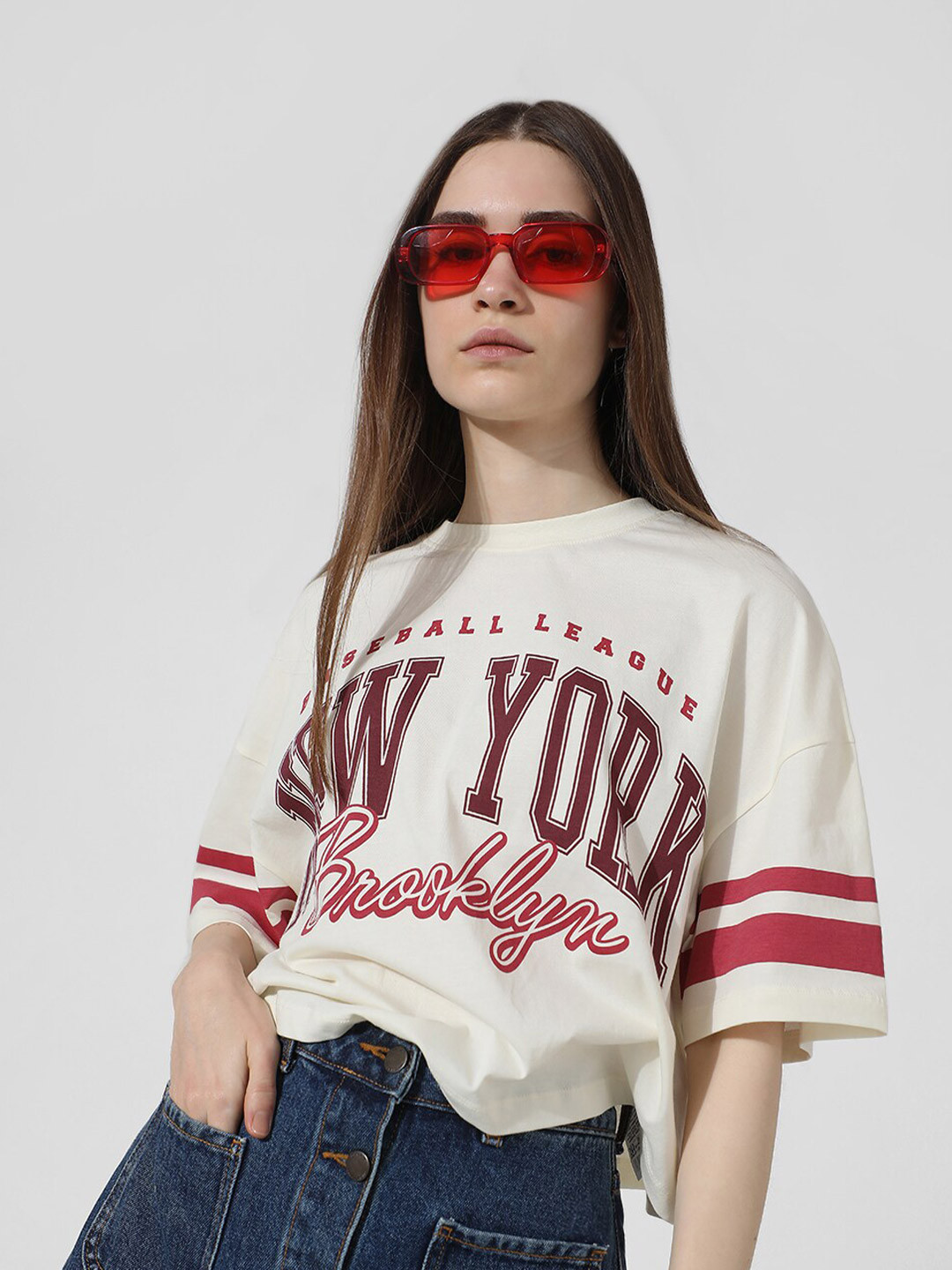 Buy ONLY Typography Printed Round Neck Pure Cotton Oversized T Shirt ...