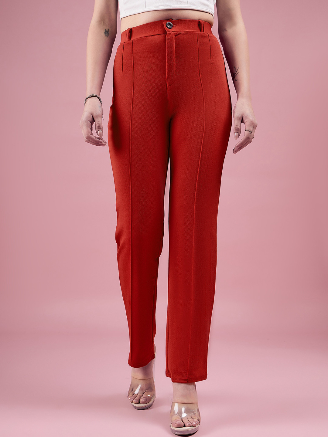 Buy DressBerry Women Rust Coloured Relaxed Straight Fit High Rise Easy ...