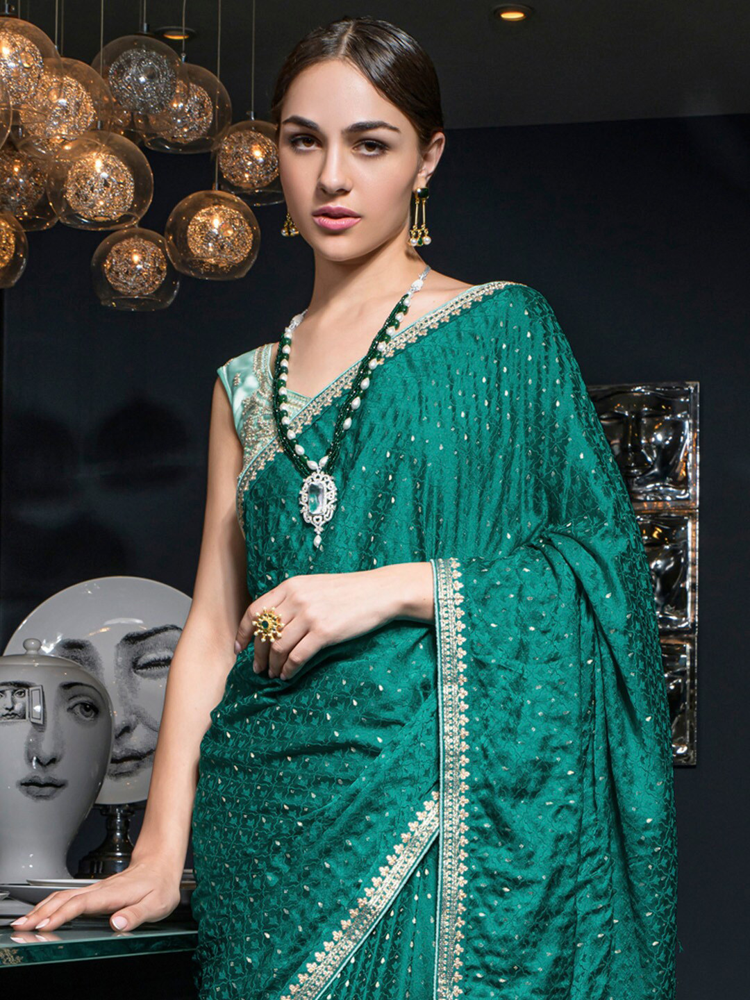 Buy Mitera Geometric Woven Design Embroidered Satin Saree - Sarees for ...