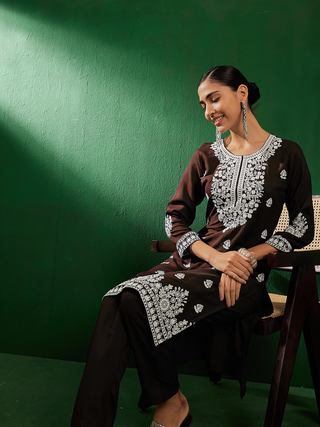 Buy Sangria Brown Floral Embroidered Thread Work Kurta And Trousers