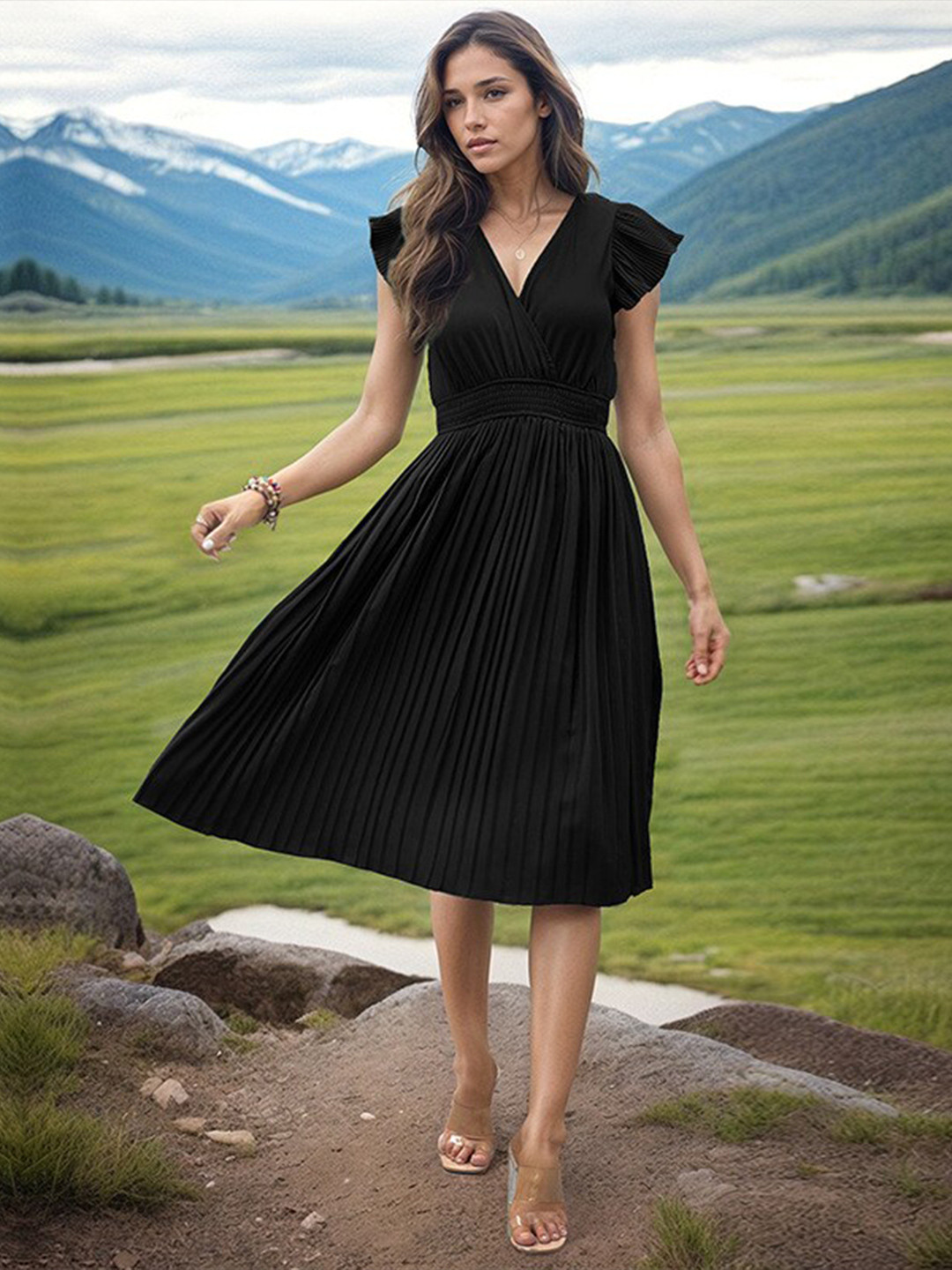 Buy StyleCast Black Striped V Neck Flared A Line Dress - Dresses for ...