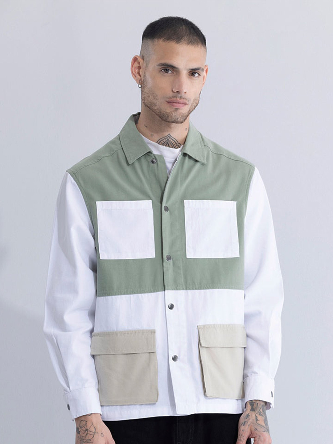 Buy Snitch Green Classic Tailored Fit Opaque Colourblocked Cotton ...