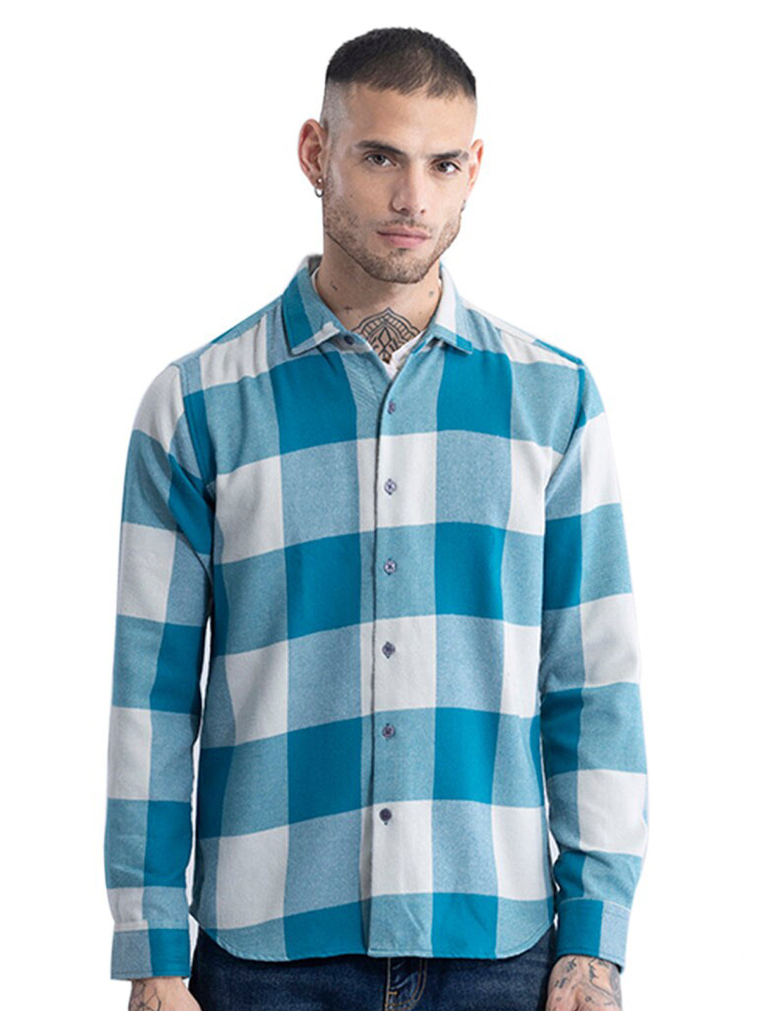 Buy Snitch Blue Classic Slim Fit Checked Opaque Cotton Casual Shirt ...