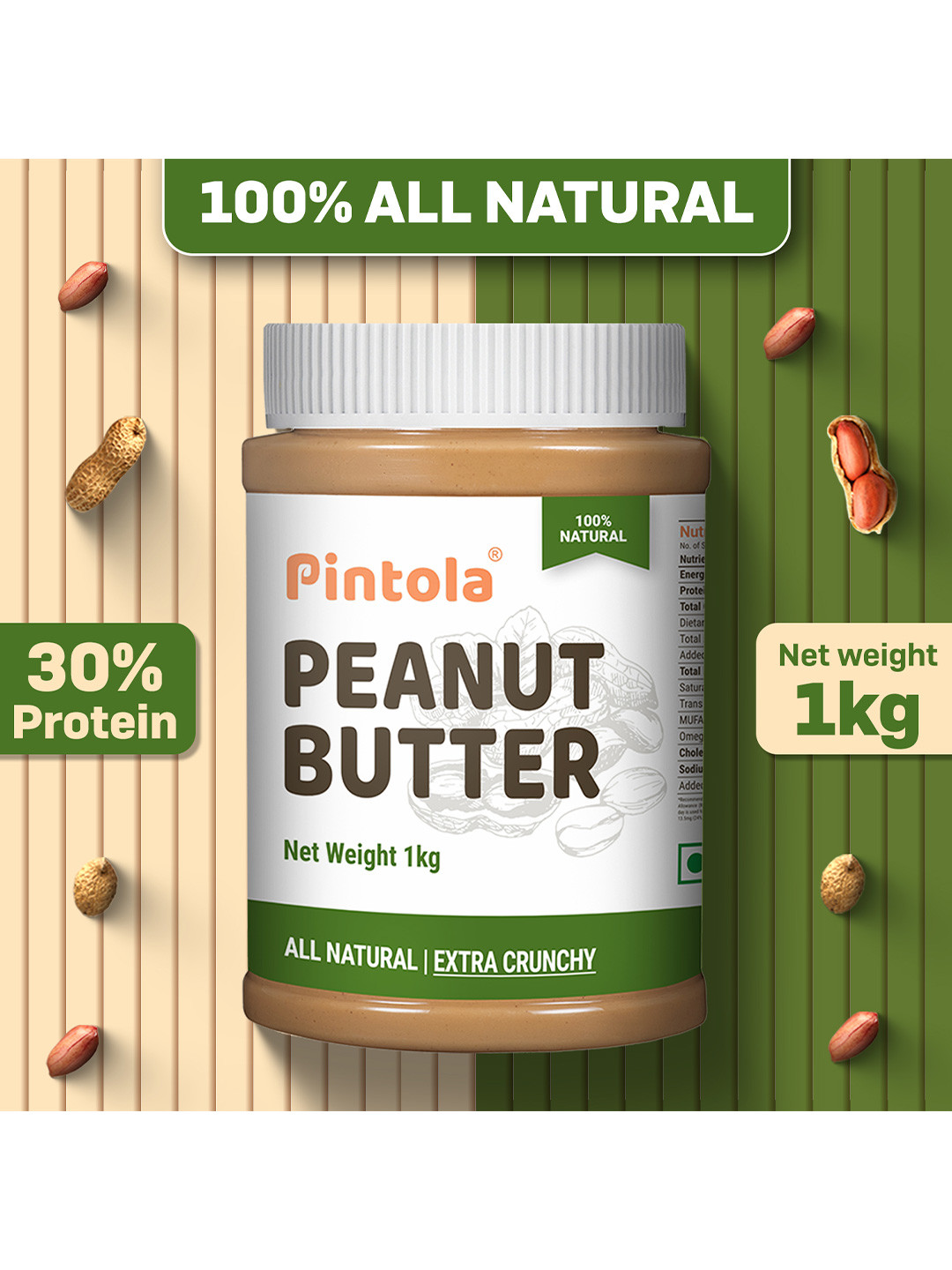 Buy Pintola All Natural Peanut Butter Extra Crunchy Unsweetened 1kg ...