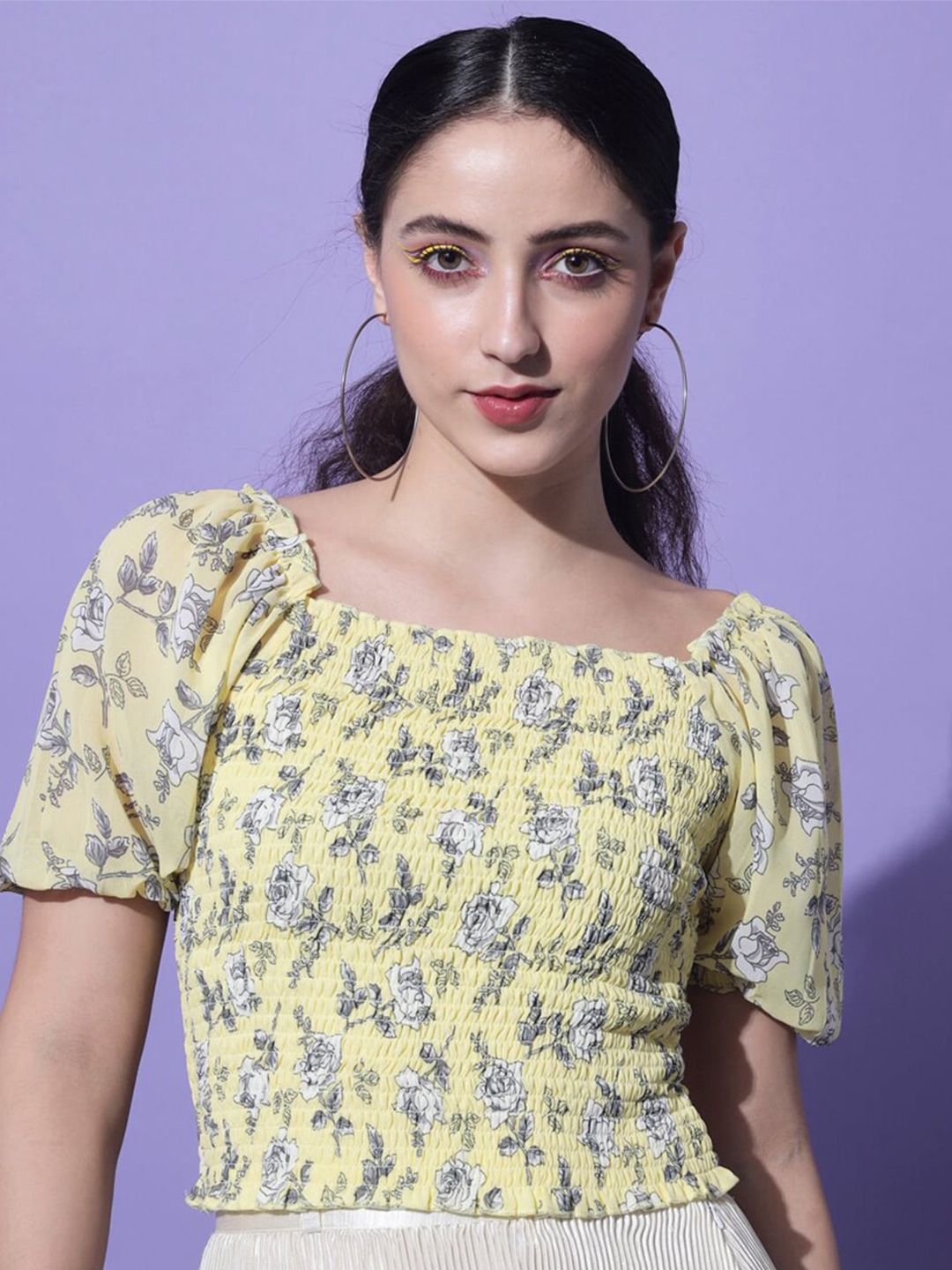 Buy Slenor Floral Printed Square Neck Puff Sleeves Crop Fitted Top