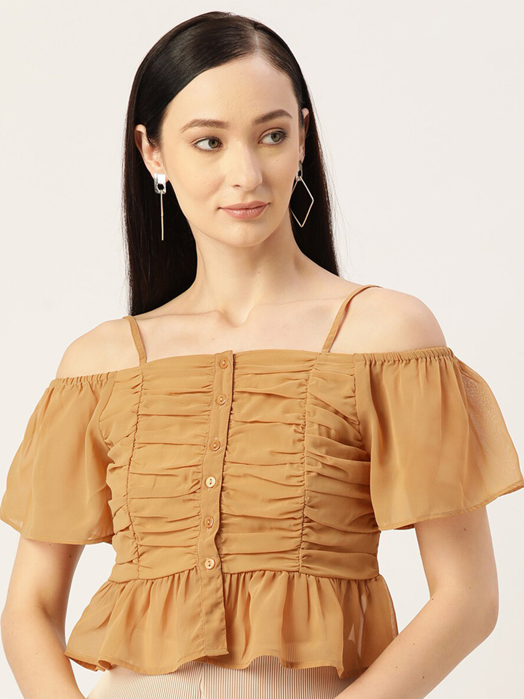 Buy Yellow Off Shoulder Crop Bardot Top With Flared Sleeves - Tops for ...