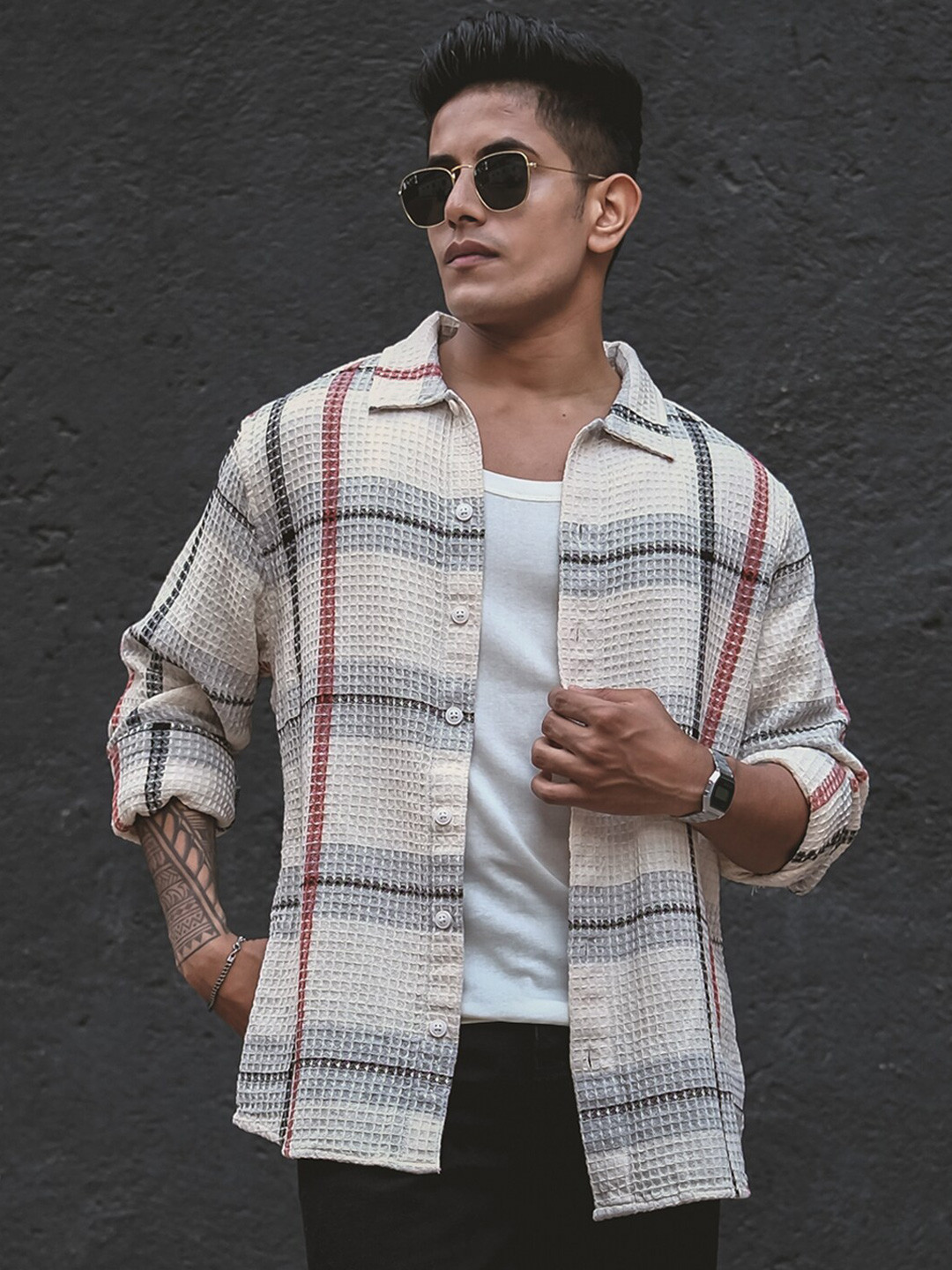 Buy Powerlook India Slim White & Grey Opaque Checked Cotton Casual ...