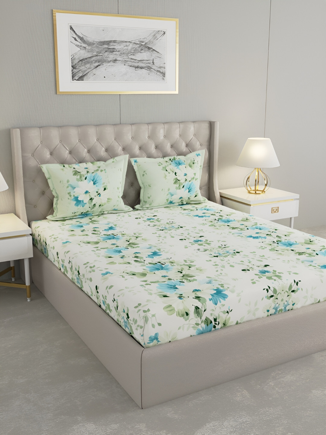 Buy Raymond Home White & Blue Floral 144 TC Queen Bedsheet With 2 ...