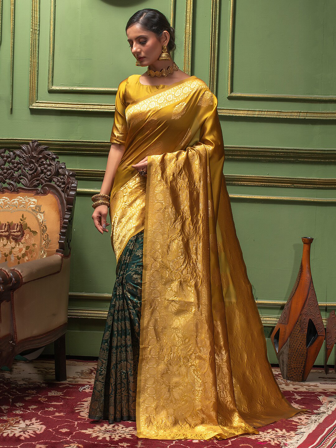 Buy Lilots Woven Design Zari Silk Blend Half And Half Kota Saree ...