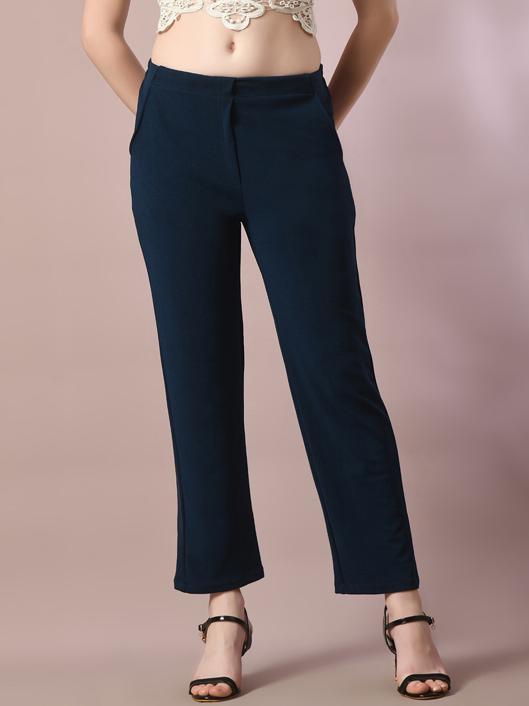 Buy HERE&NOW Women Comfort Straight Fit Wrinkle Free Trousers ...